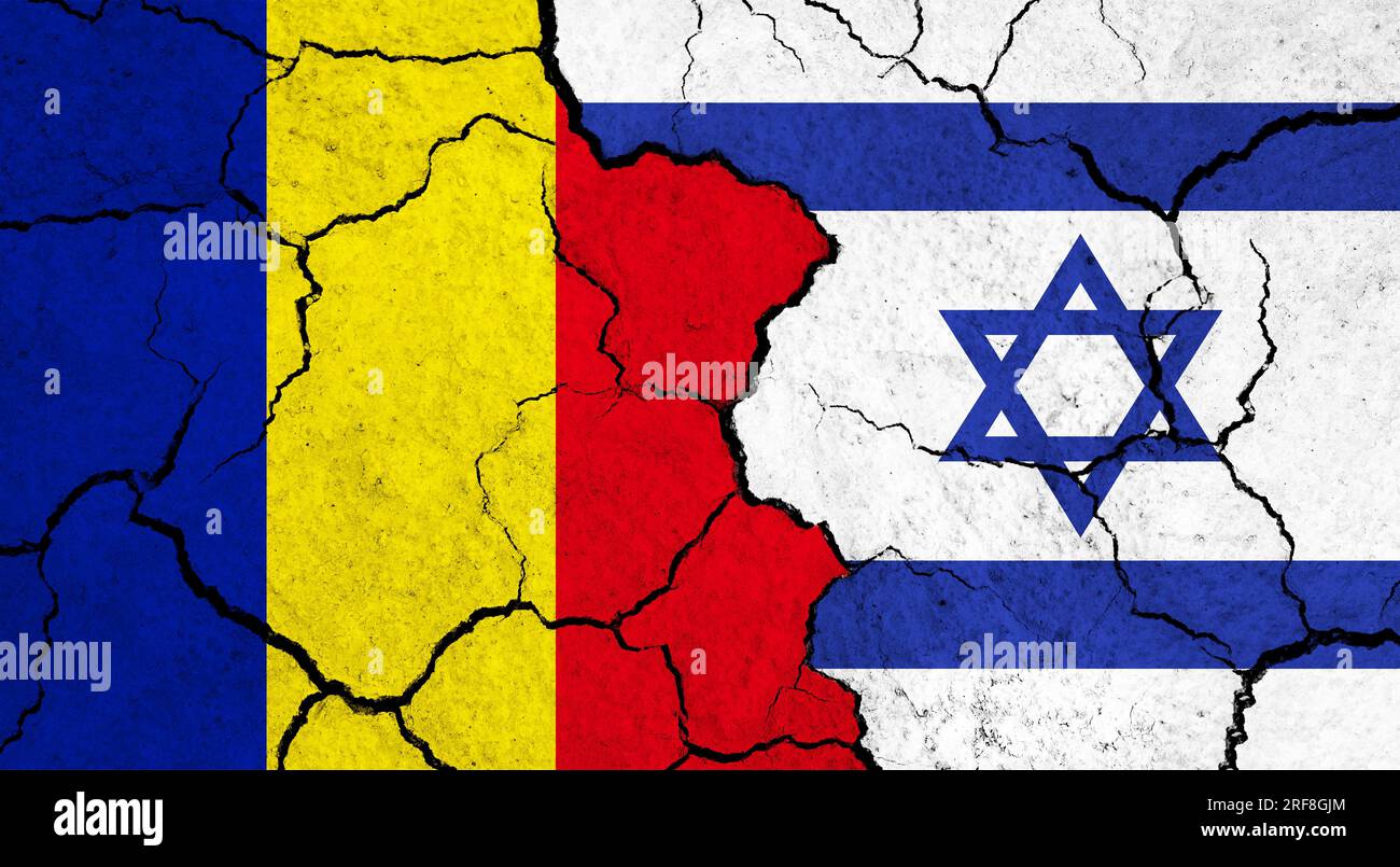 Flags of Romania and Israel on cracked surface - politics, relationship ...