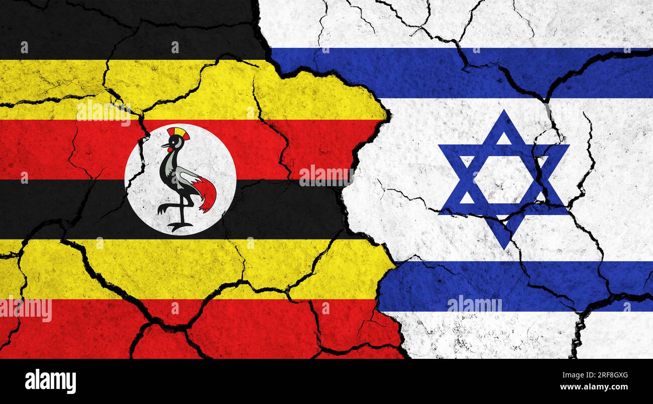 Flags of Uganda and Israel on cracked surface - politics, relationship ...