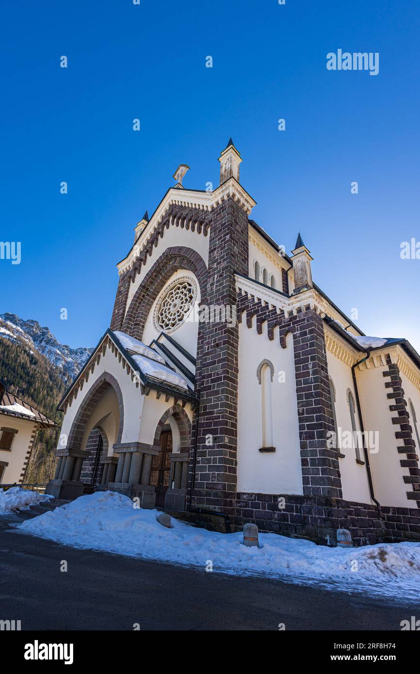 Falcade, Italy - February 14, 2023: Church in the mountain village of ...