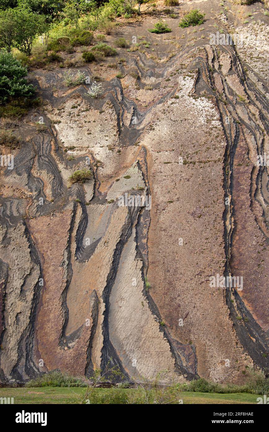 Colorful vertical strata composed of red sandstone and black lutites ...
