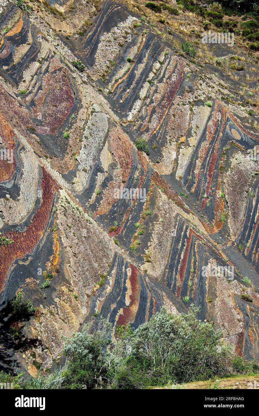 Colorful vertical strata composed by red sandstone and black lutites ...