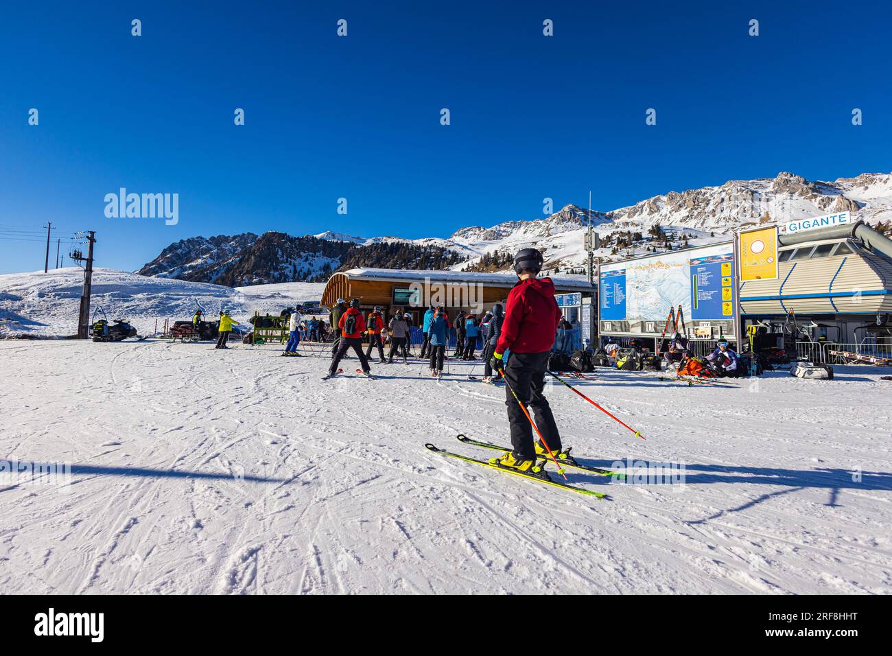 Falcade, Italy - February 15, 2023: At a lift station in the mountains ...