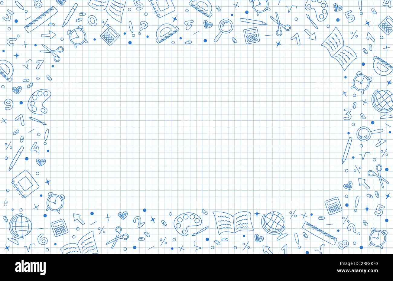 White graph background with frame of blue hand drawn school stationery ...
