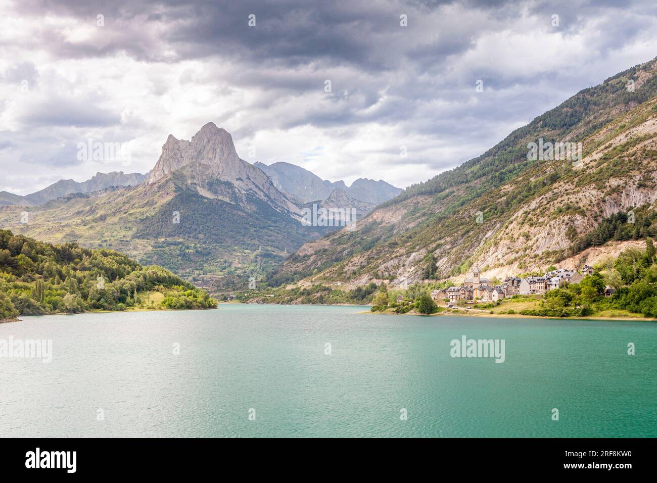 Reservoir and village of Lanuza, Tena valley, Pyrenees, Huesca, Spain ...