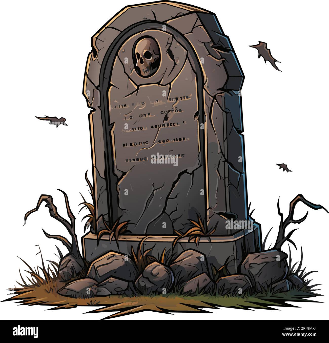 vector headstone with skeleton head. tombstone in cemetry. ancient tombstone with trees vector ...