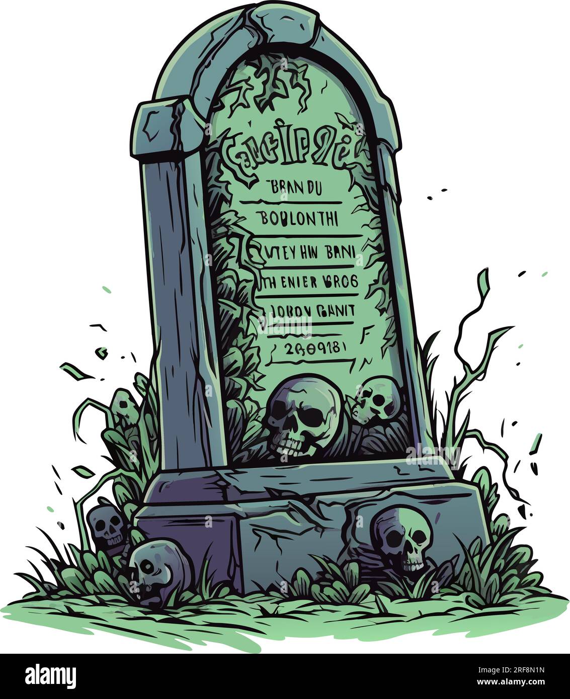 vector headstone with skeleton head. tombstone in cemetry. ancient tombstone with trees vector ...
