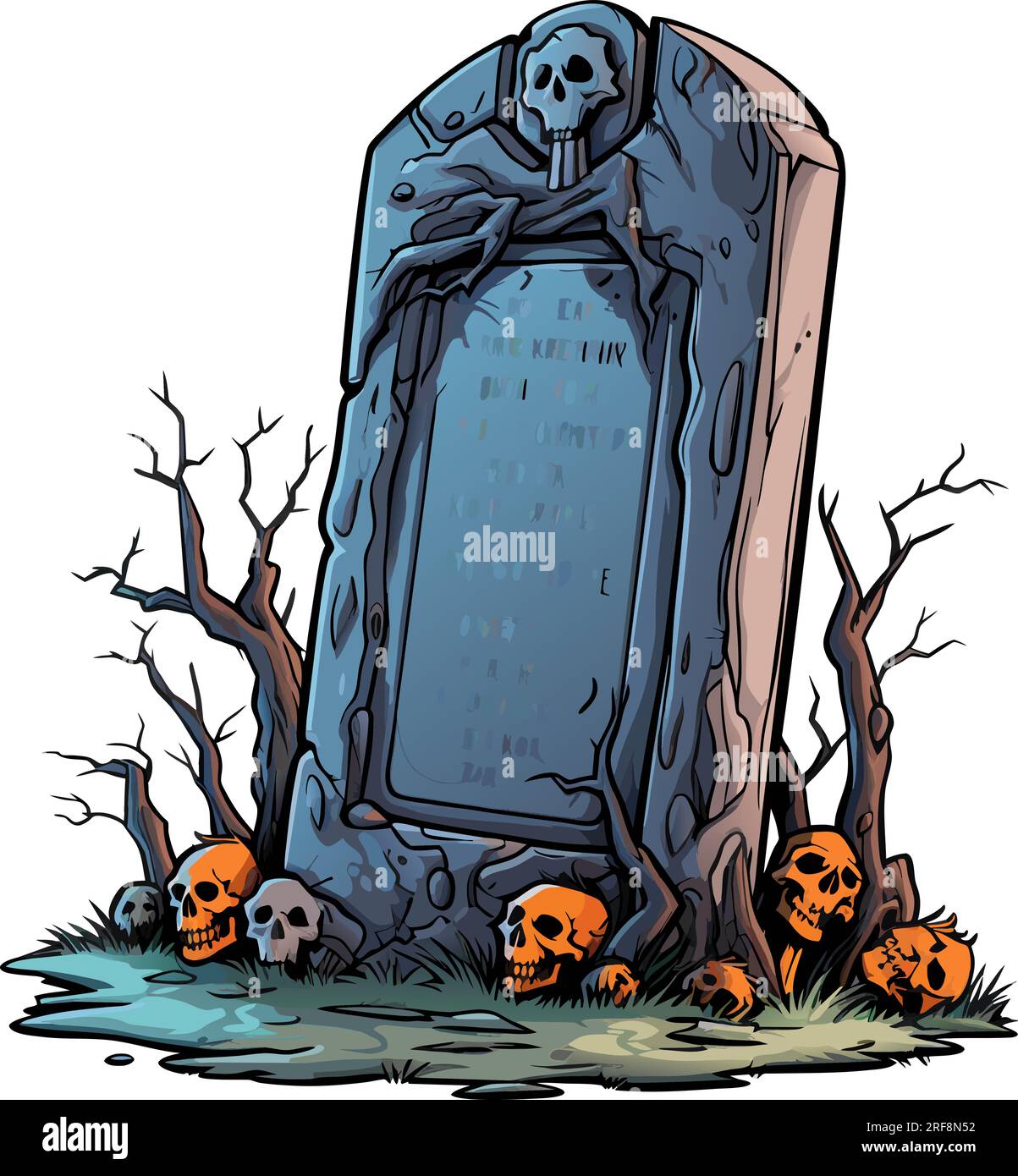 vector headstone with skeleton head. tombstone in cemetry. ancient tombstone with trees vector ...