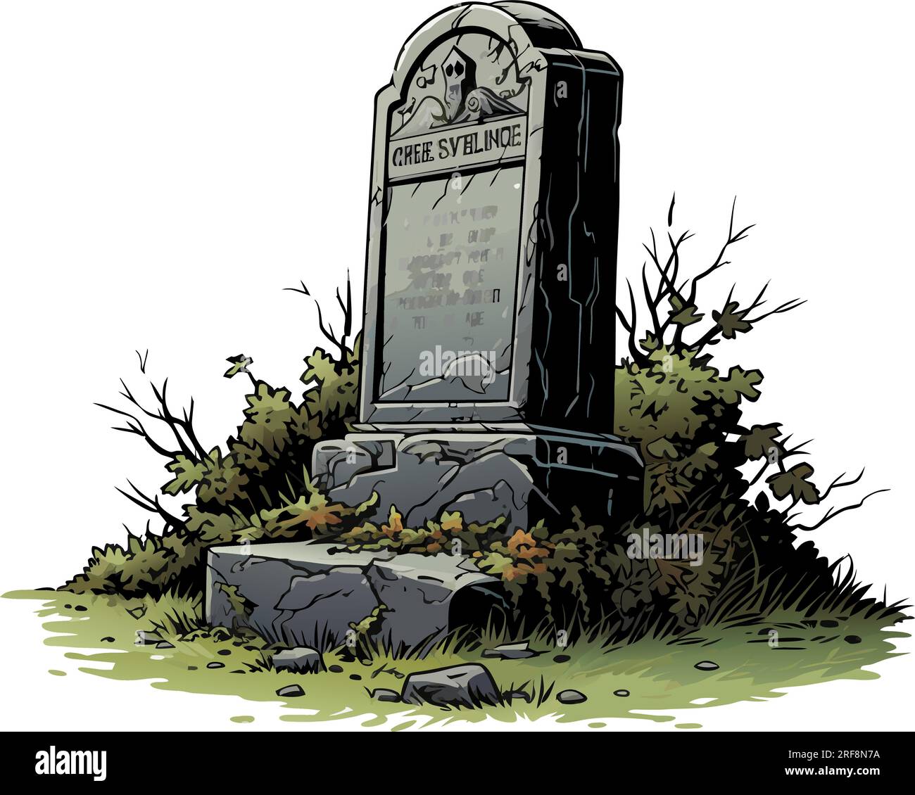 vector headstone with skeleton head. tombstone in cemetry. ancient tombstone with trees vector ...