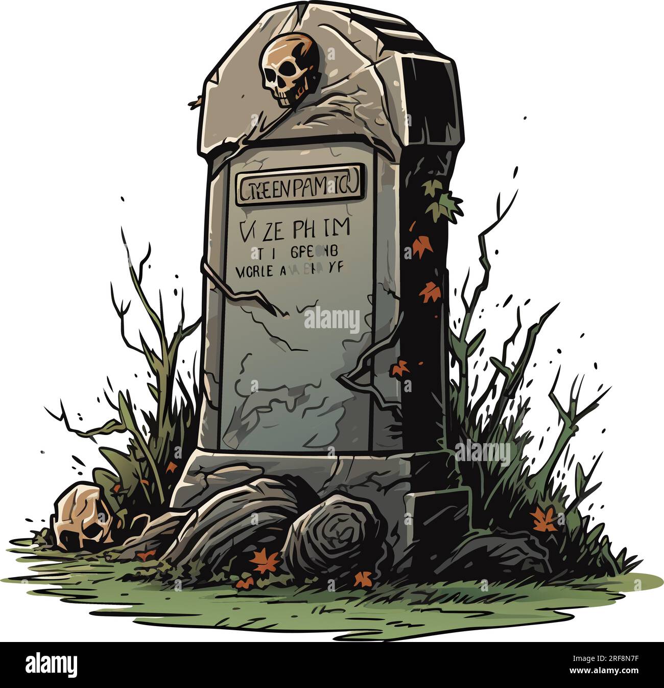 vector headstone with skeleton head. tombstone in cemetry. ancient tombstone with trees vector ...