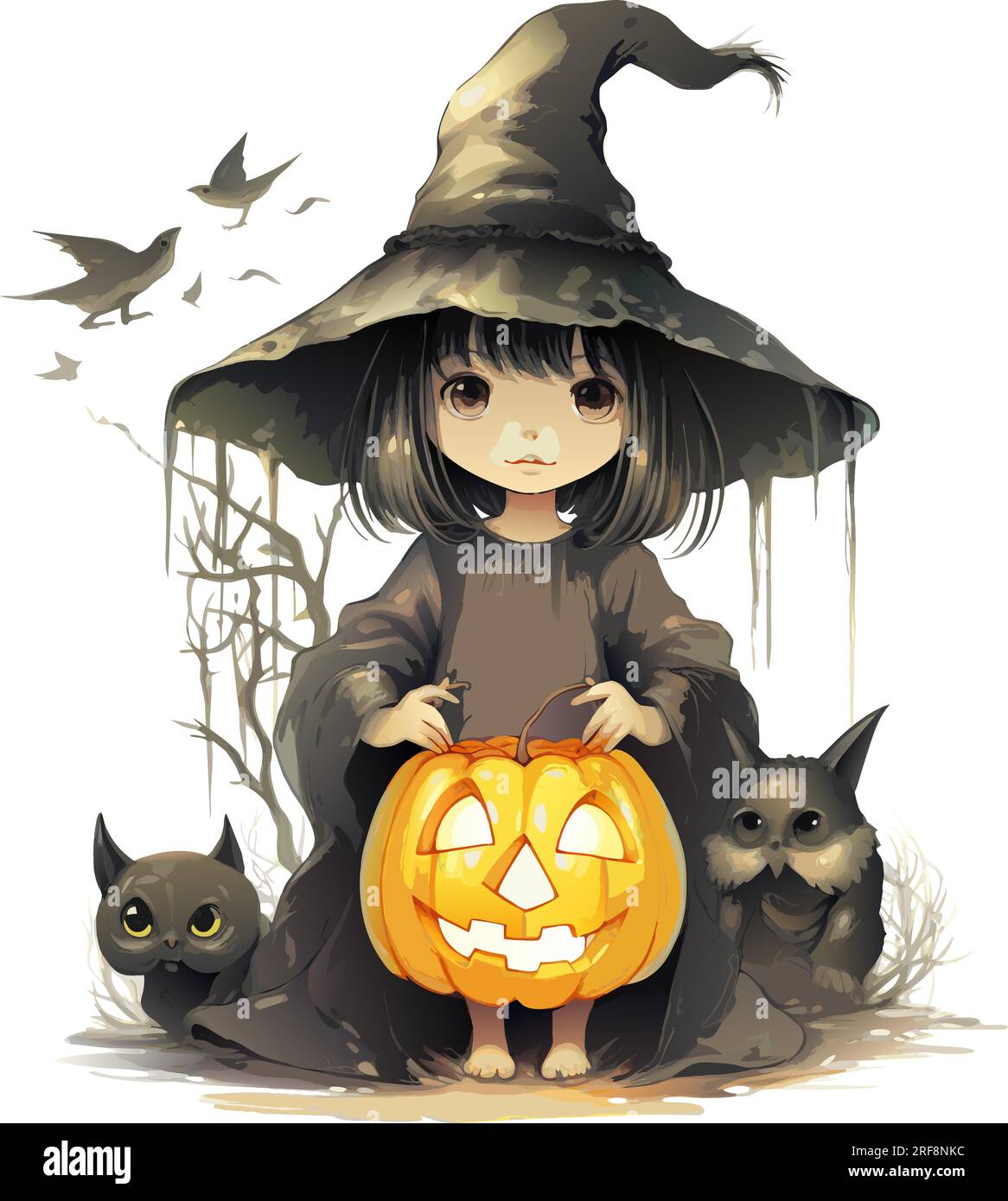 vector a cute girl with pumpkin. nice girl with cats and pumpkins ...
