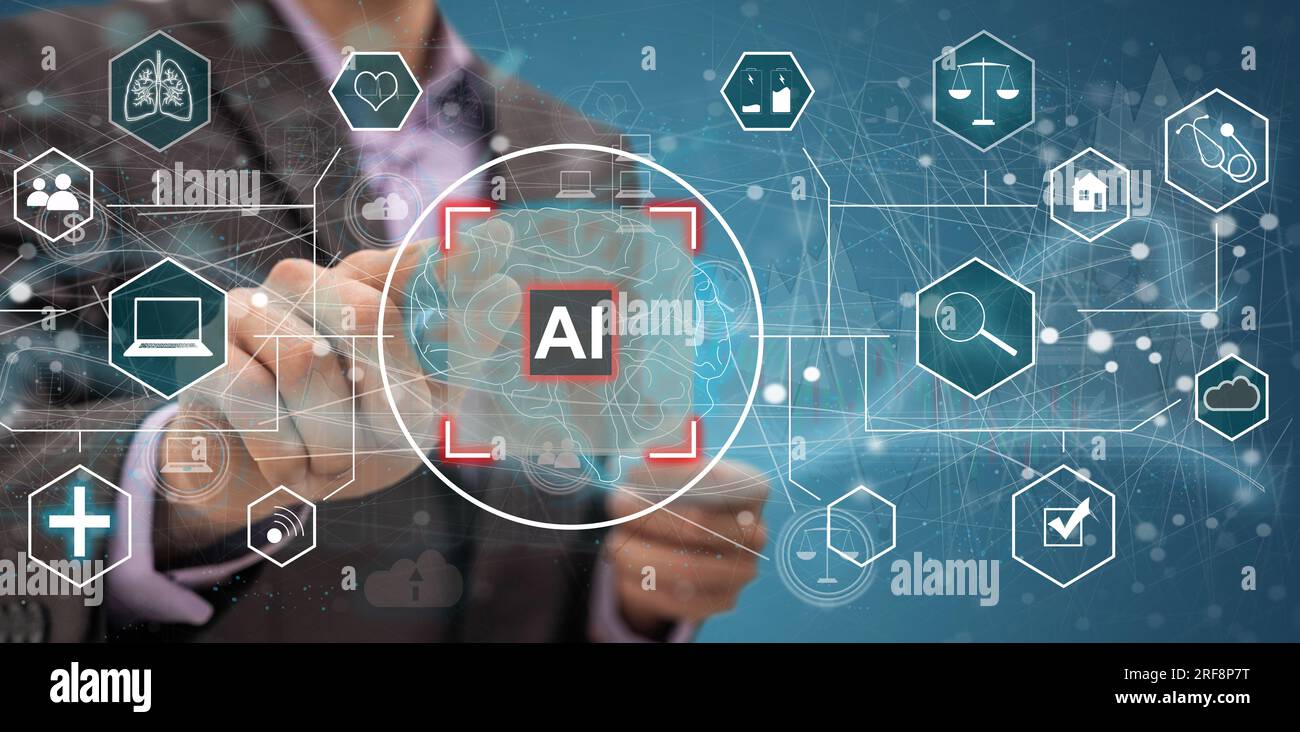 Digital information technology concept. Businessman touching artificial ...