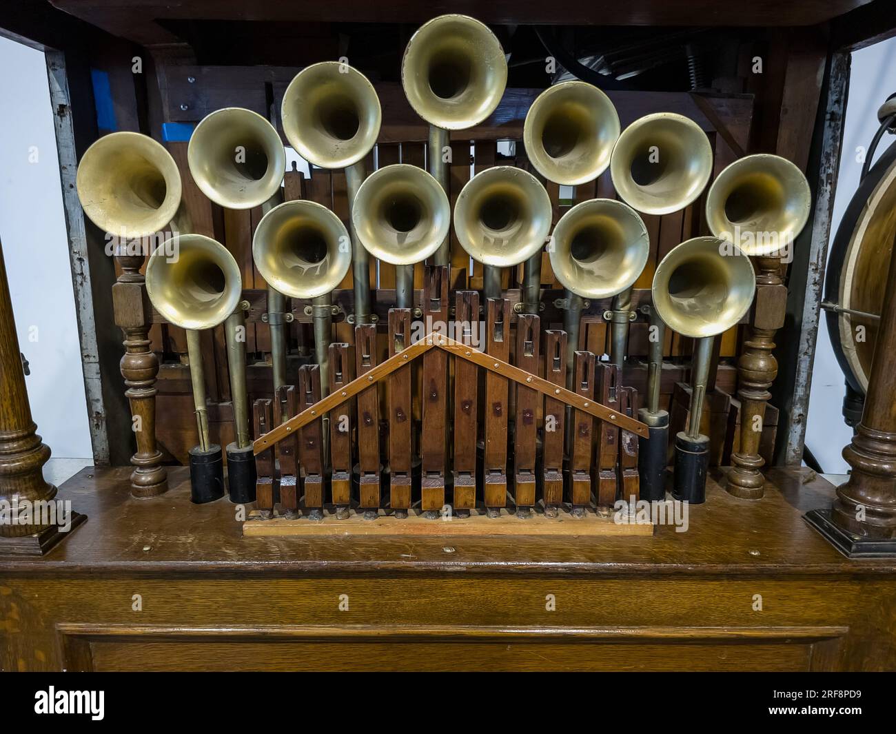 Close-up of brass organ pipes on vintage carousel Stock Photo - Alamy