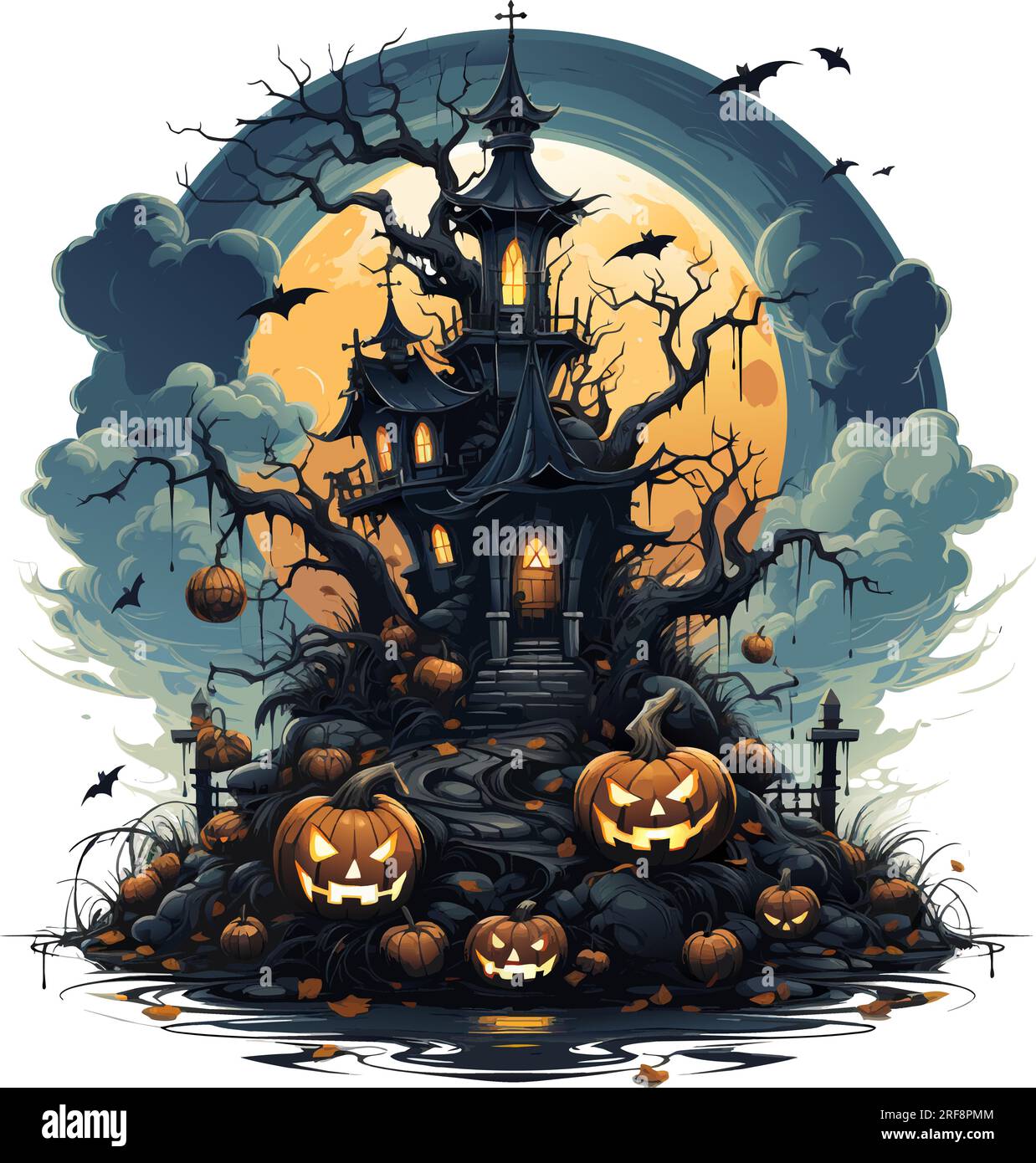 Halloween graveyard scene. Haunting nightmare hallowen background, cartoon horror castle scenery ...