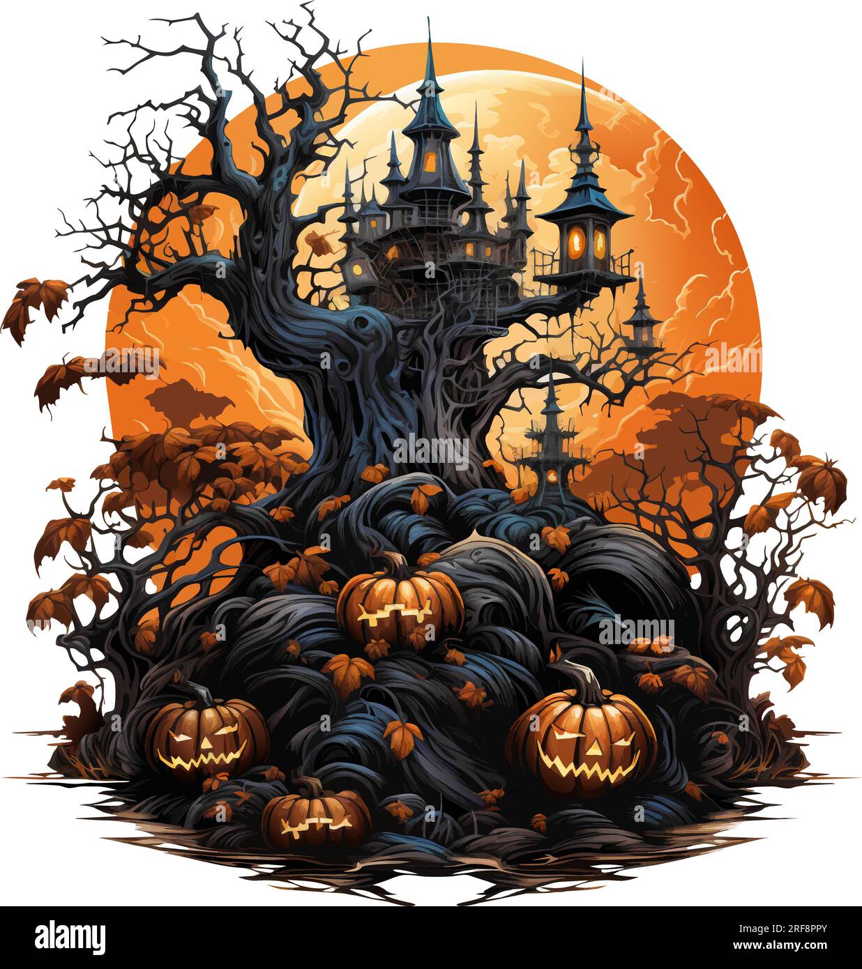 Halloween graveyard scene. Haunting nightmare hallowen background, cartoon horror castle scenery ...