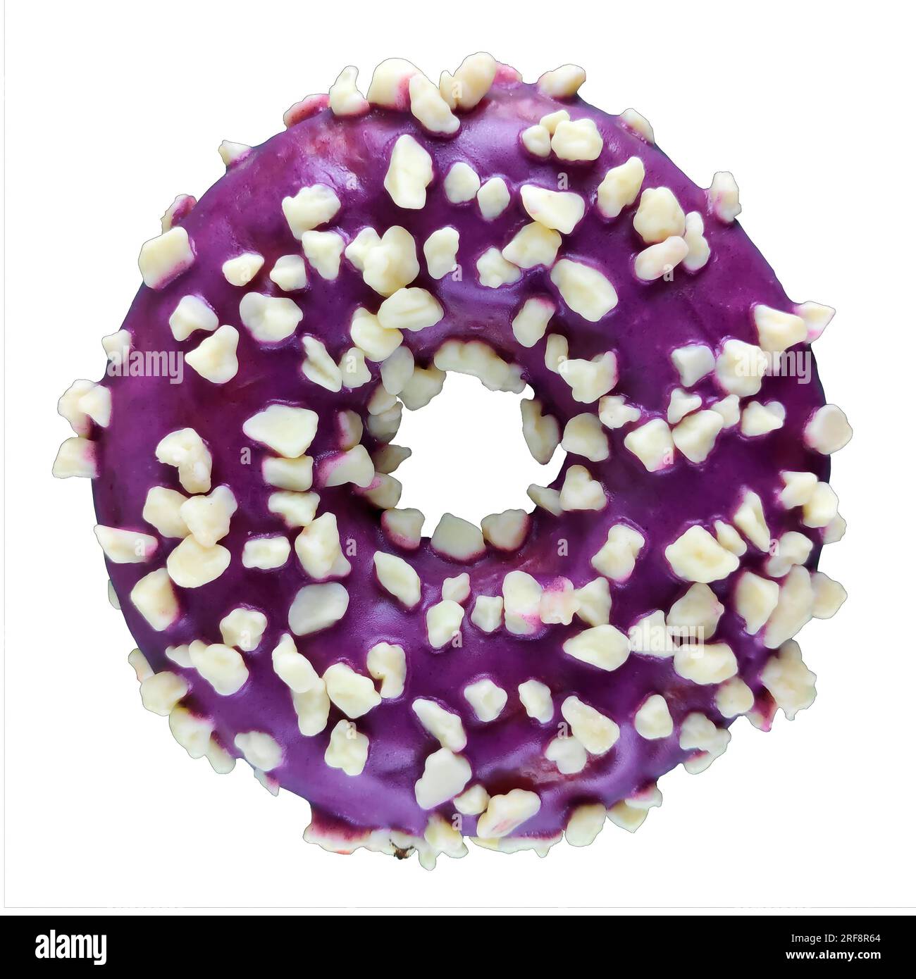 Cut out donut with purple icing topped with small white chocolate crumb ...