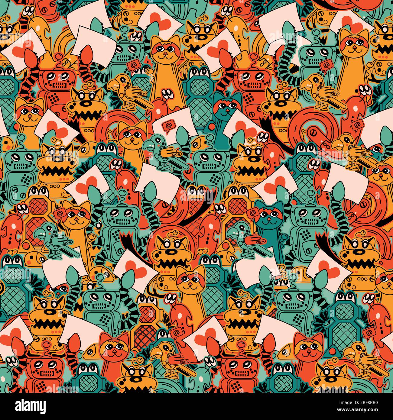 Rows of Cute Colorful Robots in green, orange, yellow and reddish ...