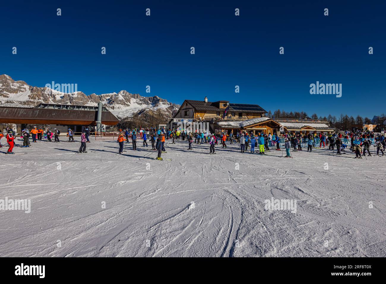 Falcade, Italy - February 15, 2023: At a lift station in the mountains ...