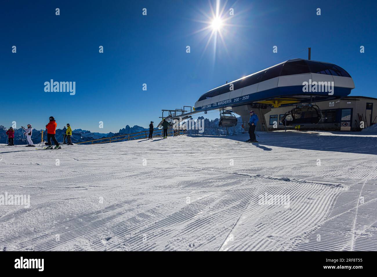 Falcade, Italy - February 15, 2023: At a lift station in the mountains ...
