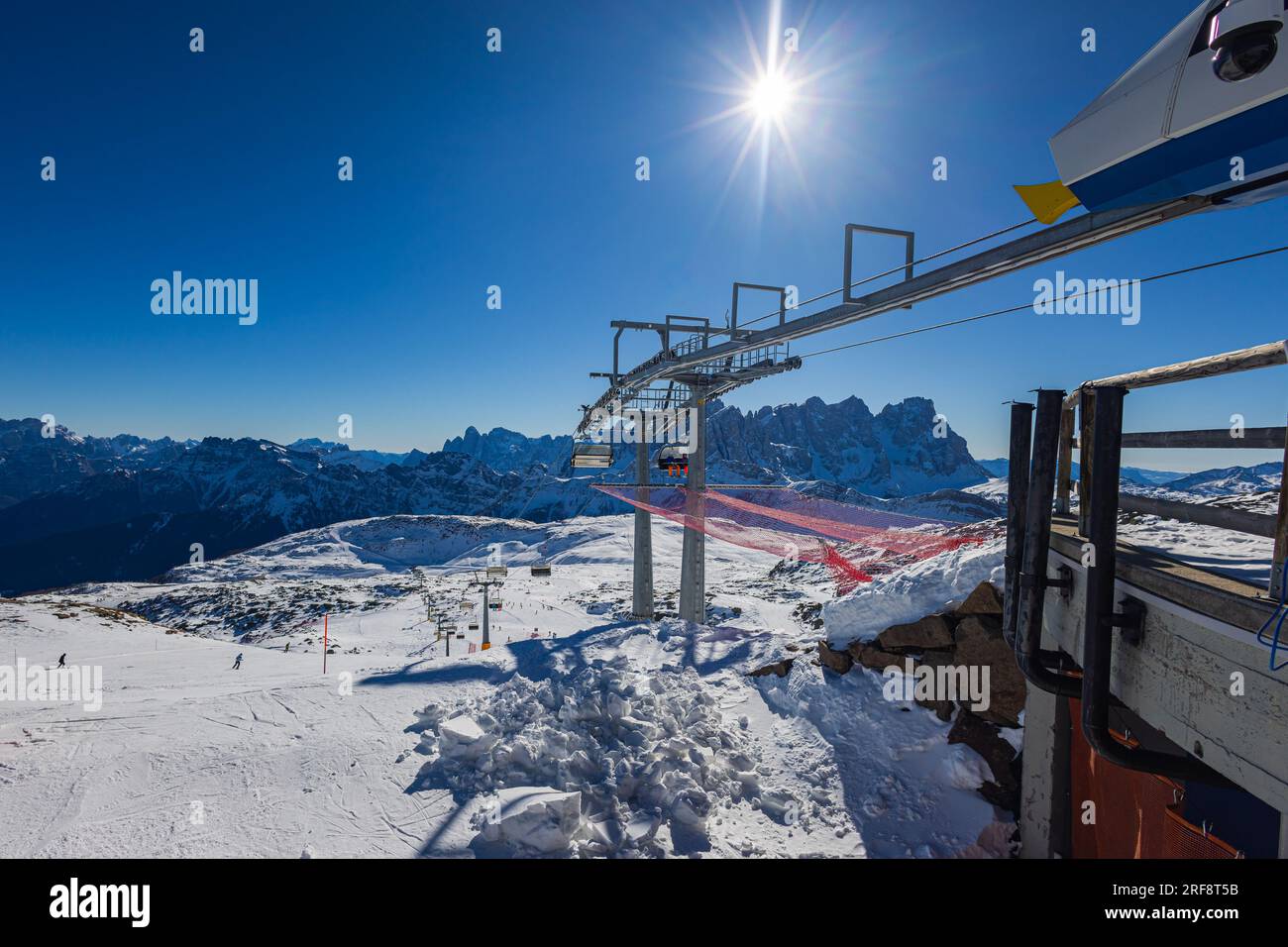 Falcade, Italy - February 15, 2023: At a lift station in the mountains ...