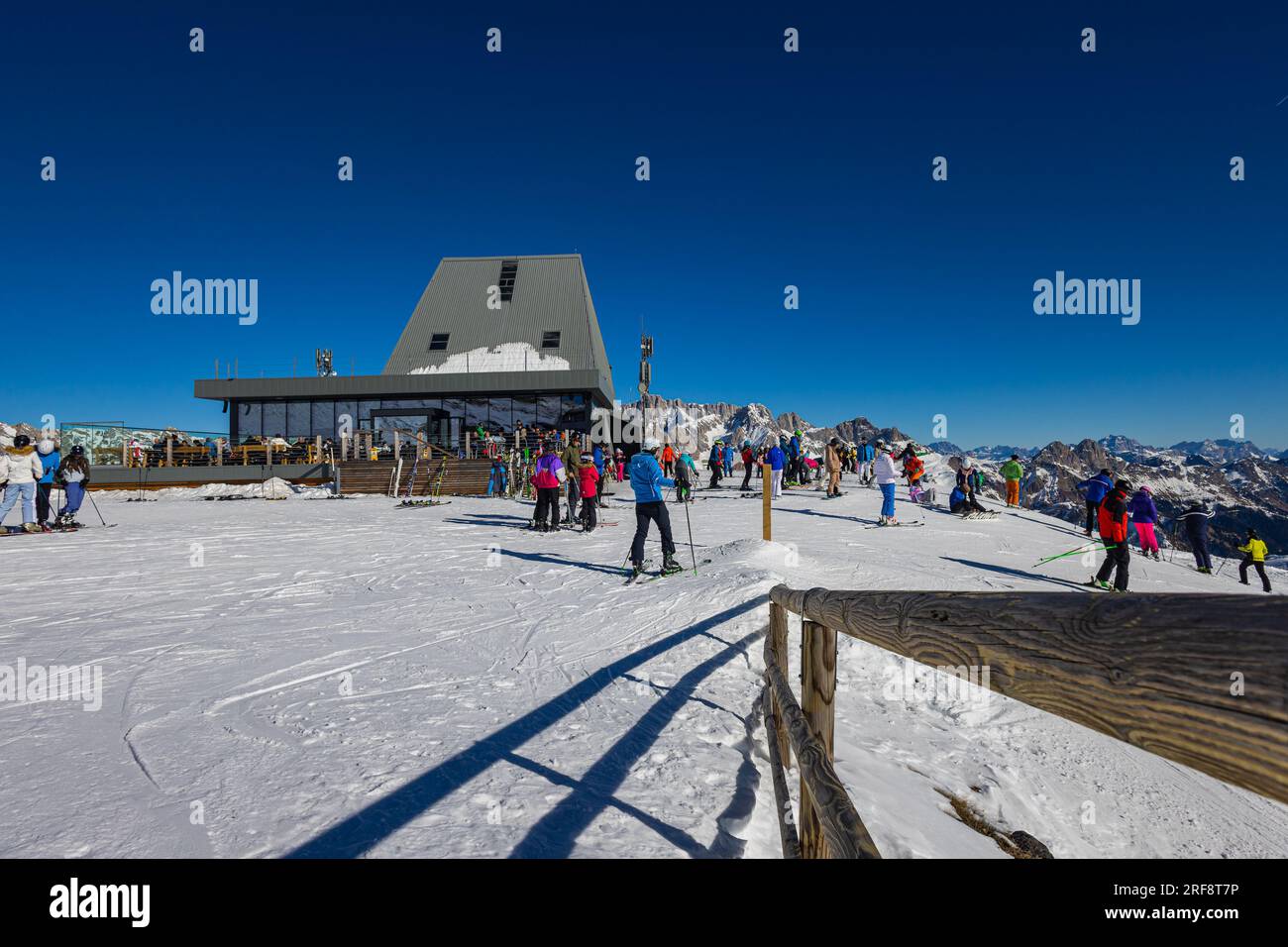 Falcade, Italy - February 15, 2023: At a lift station in the mountains ...