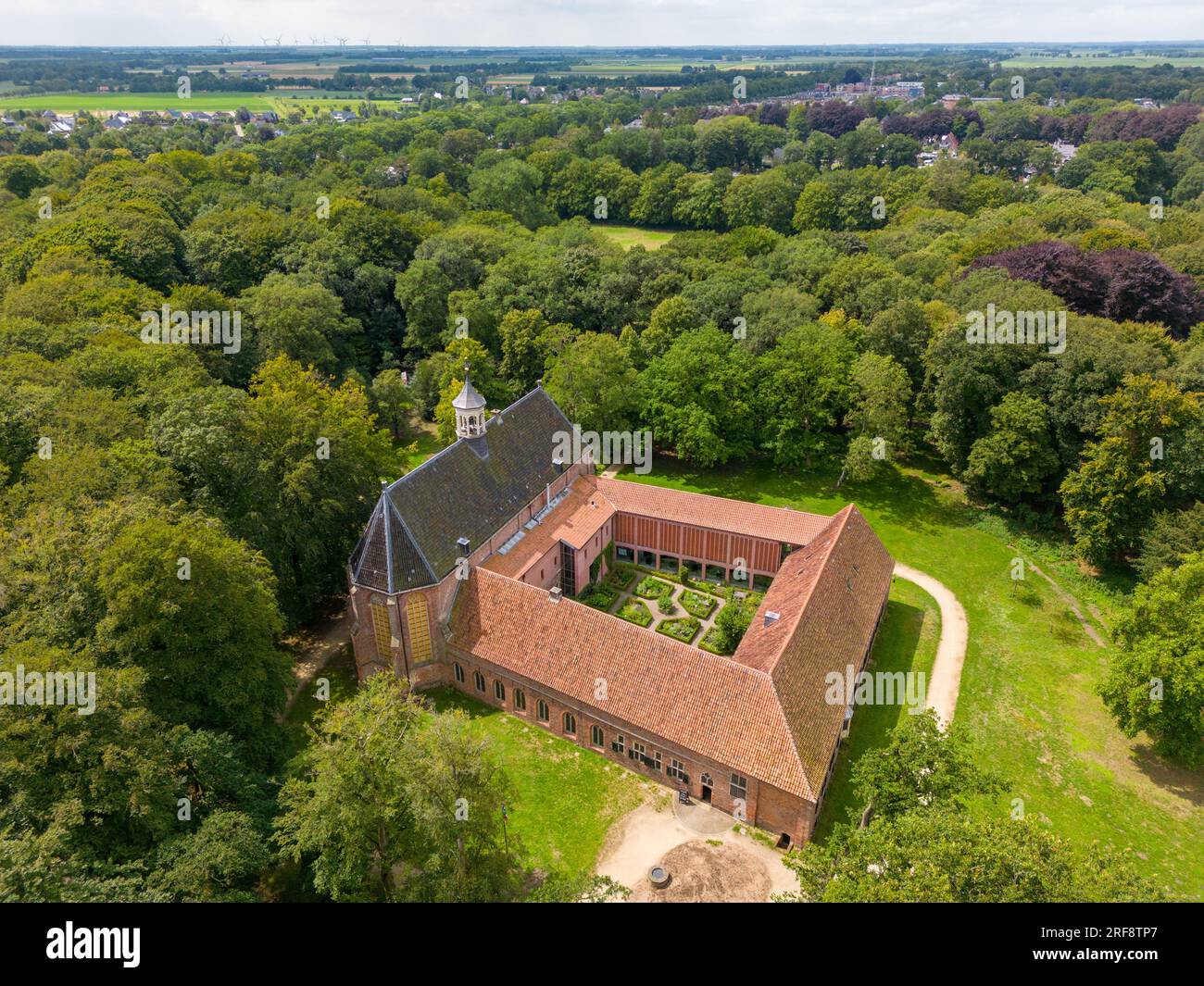 This aerial drone photo shows the monastery in Ter Apel. Ter Apel is a ...