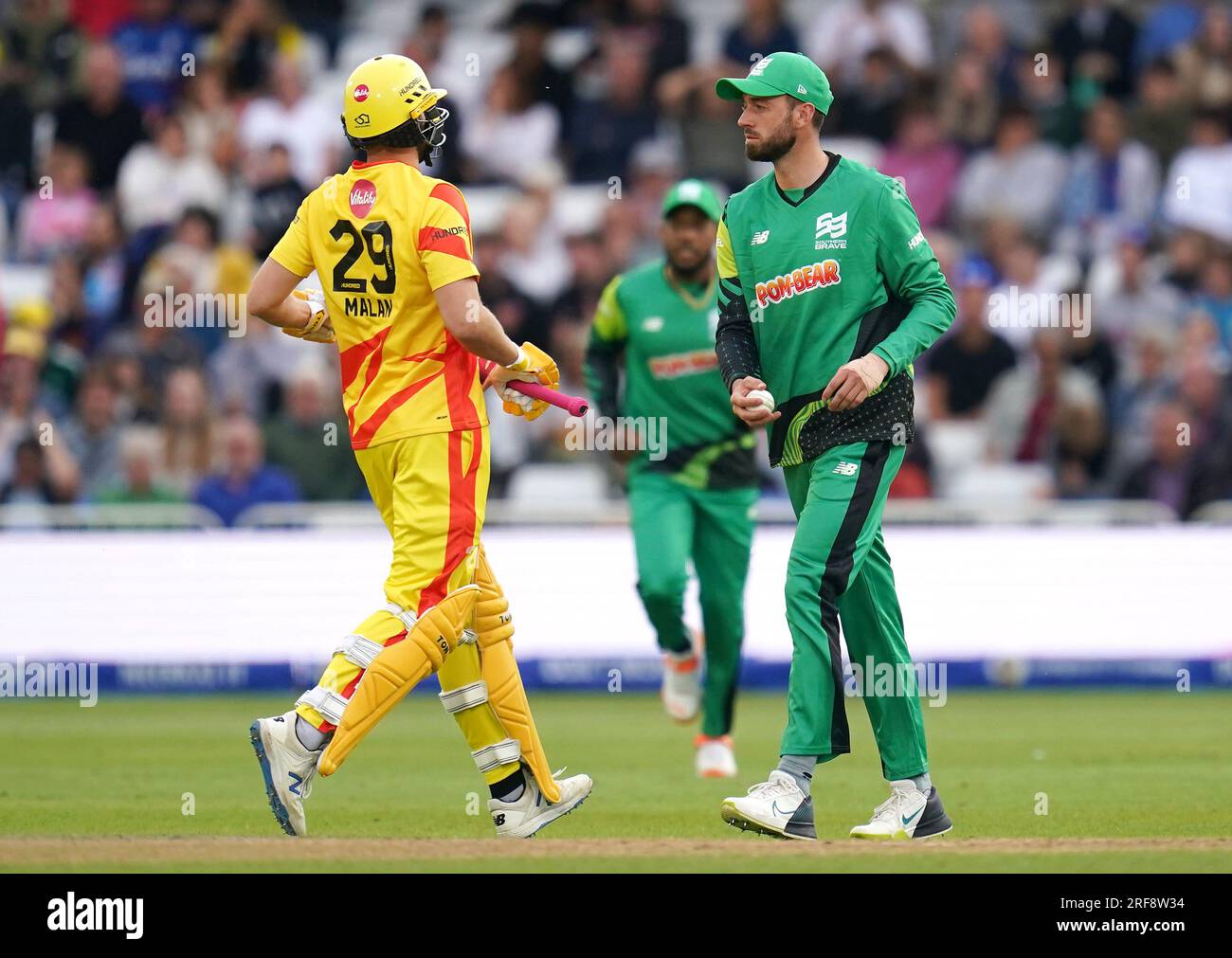Southern Brave's James Vince (right) celebrates after catching out ...