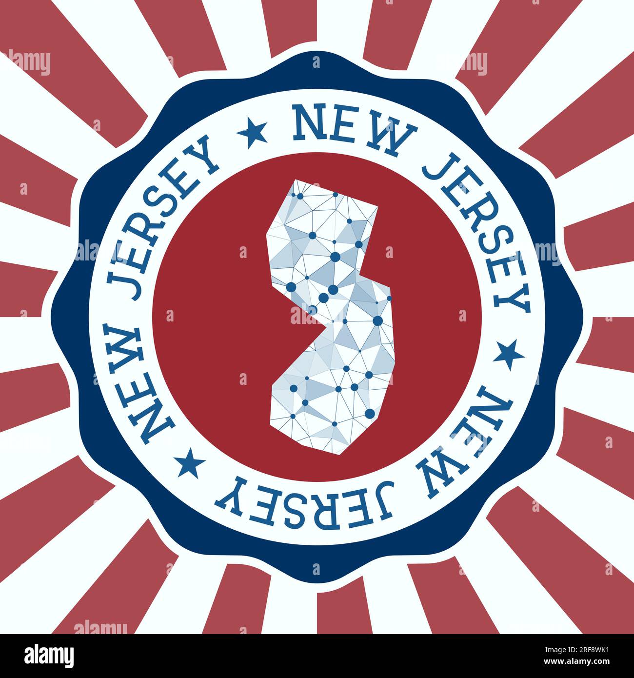 New Jersey Badge. Round logo of US state with triangular mesh map and radial rays. EPS10 Vector ...
