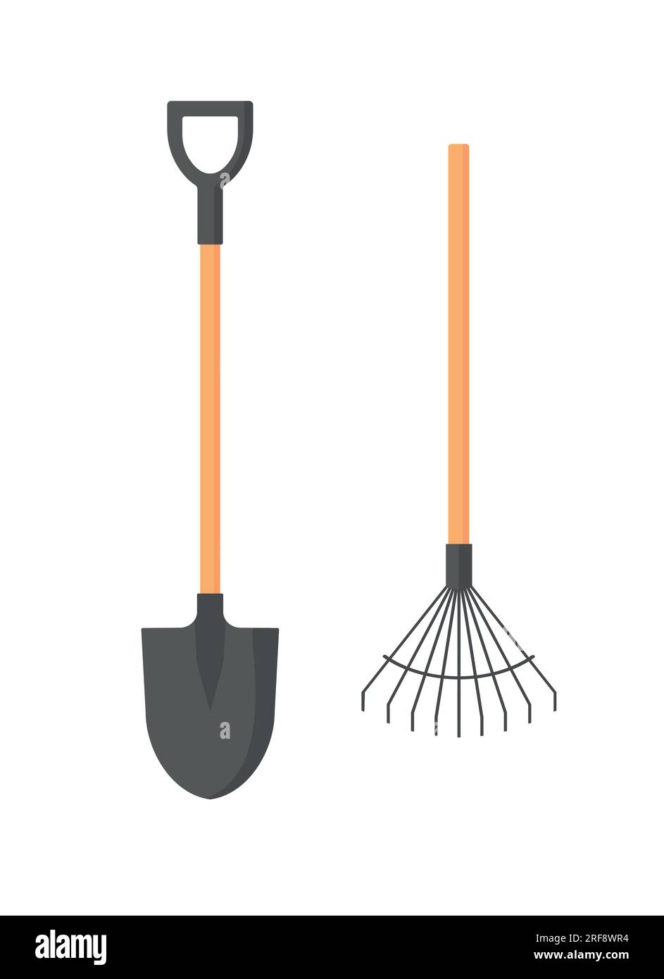 Shovel and rake and icon or sign isolated on white background ...