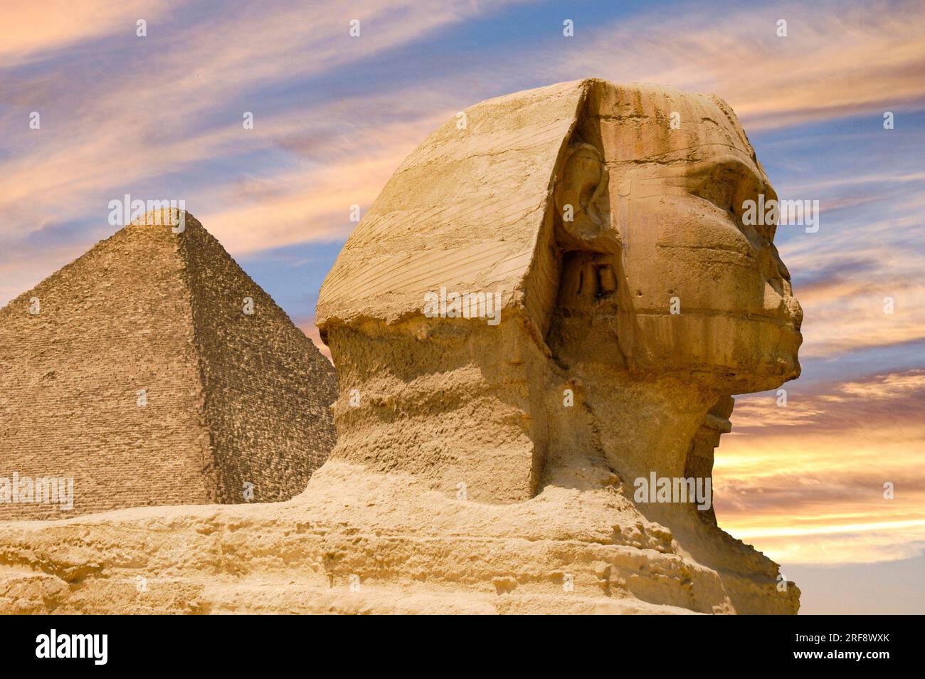 A close-up look at the Egyptian Sphinx at Giza, Egypt, against a ...