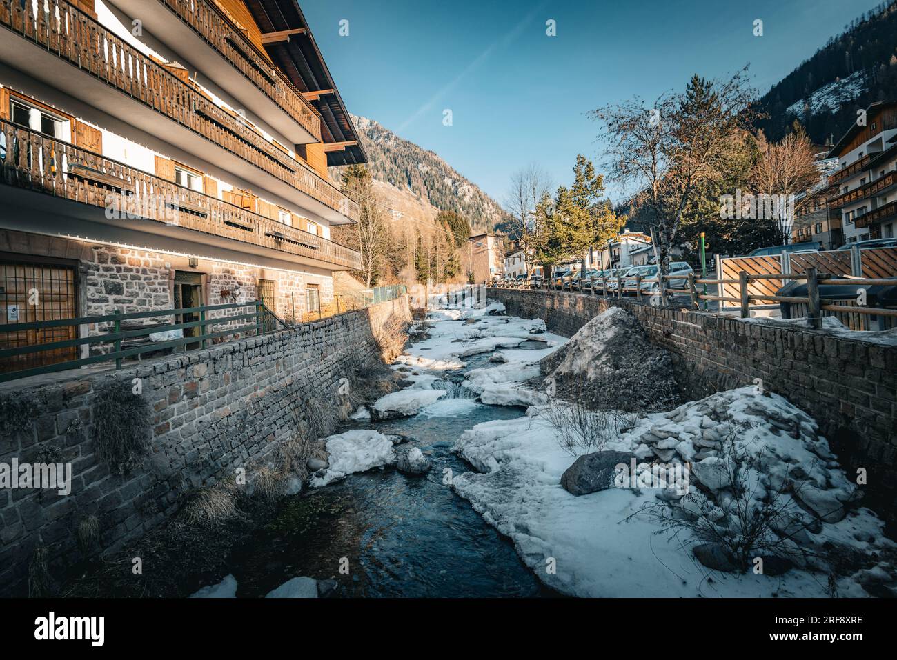Moena, Italy - February, 17, 2023: In the village of Moena, a community ...