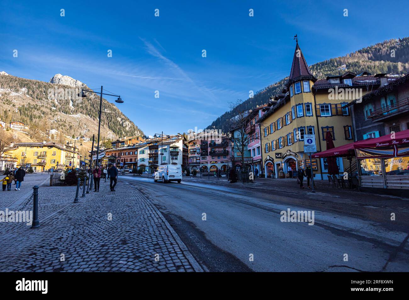 Moena, Italy - February, 17, 2023: In the village of Moena, a community ...