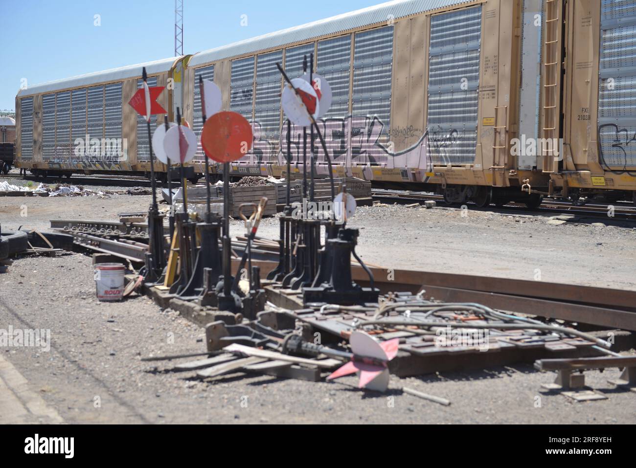 Train or Mexican railways and Union Pacific in its passage through the ...
