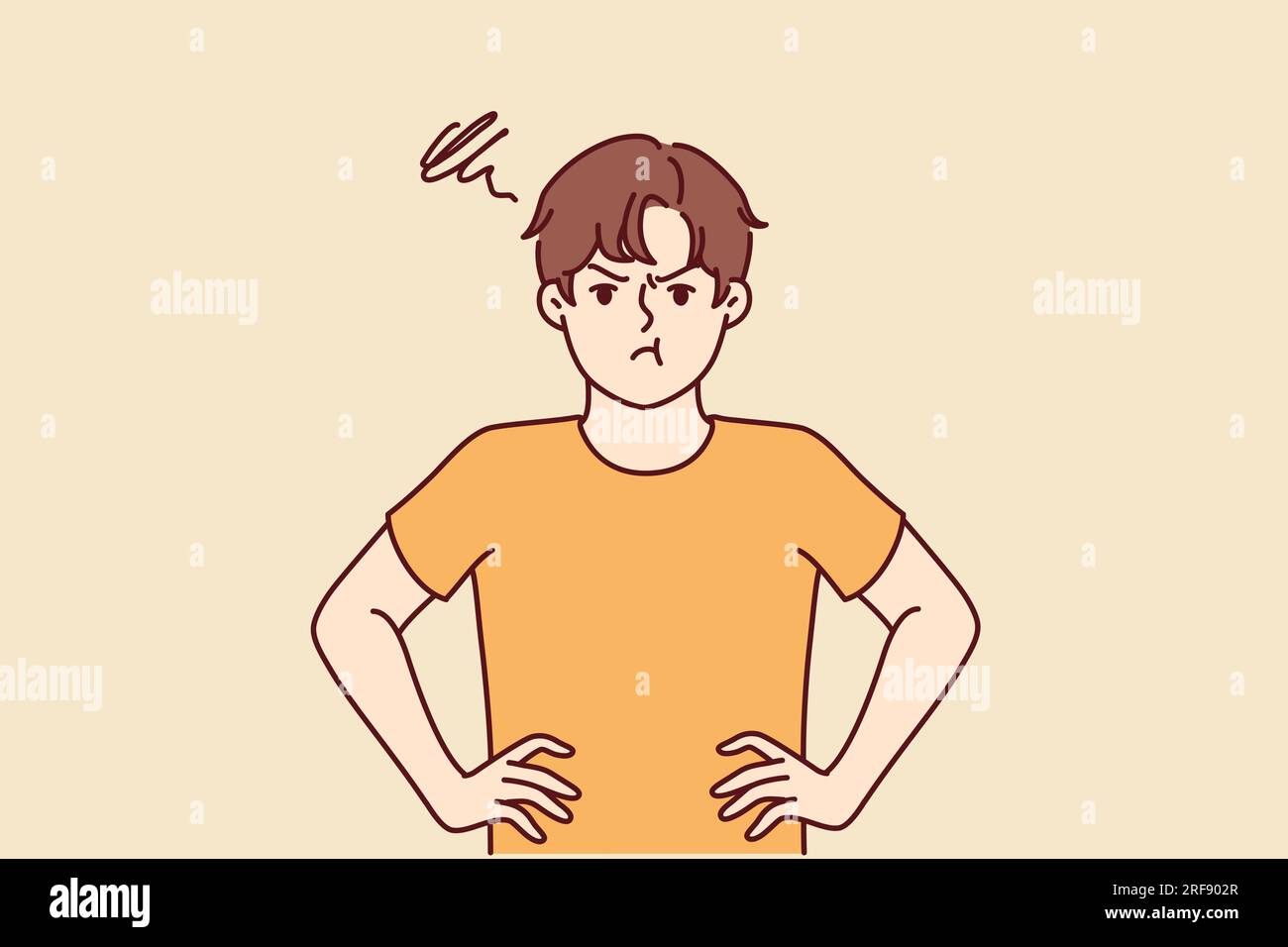 Angry boy looks at screen and keeps hands on belt trying to protest ...