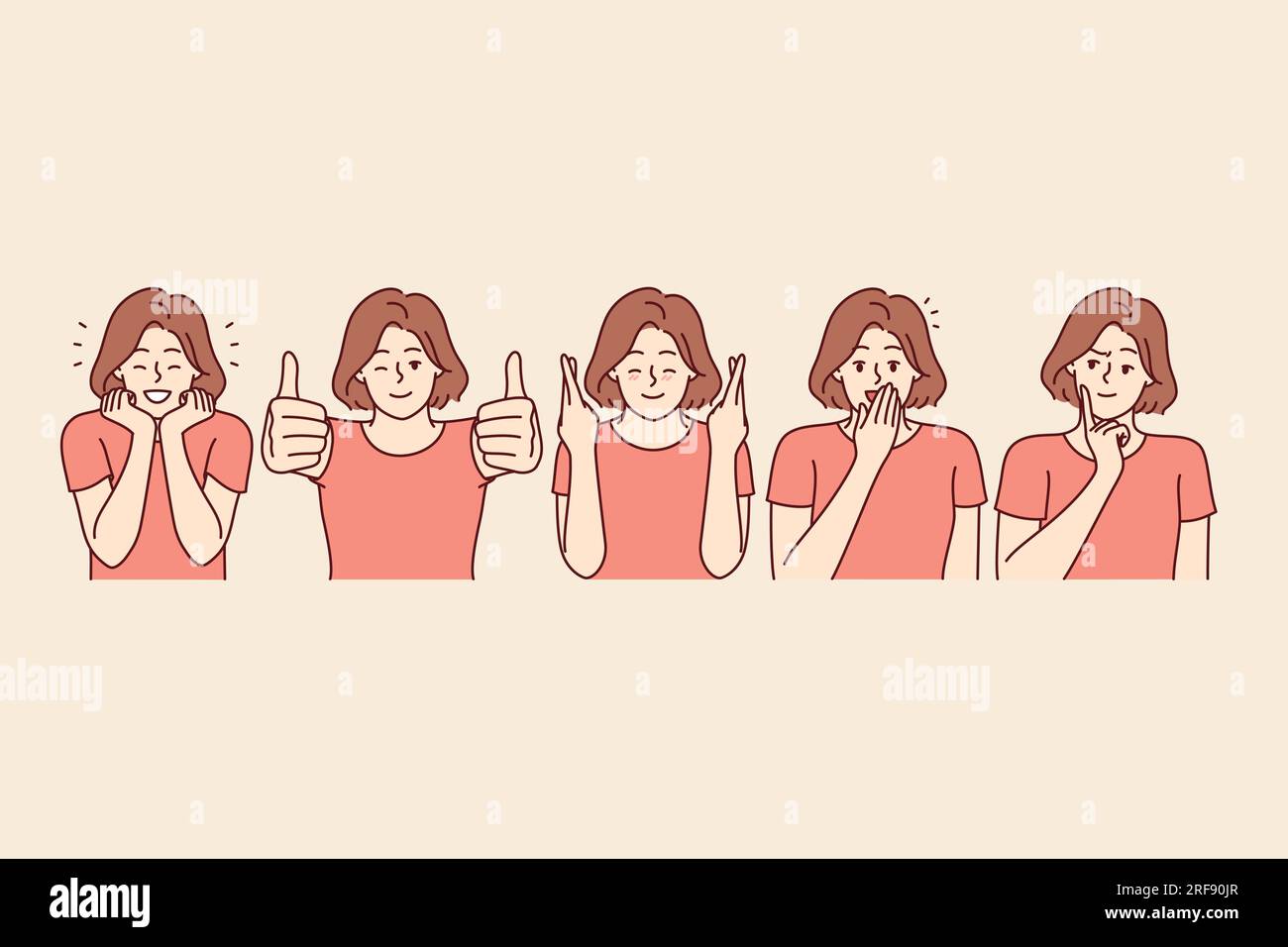 Woman makes happy facial expressions and approving gestures to share ...