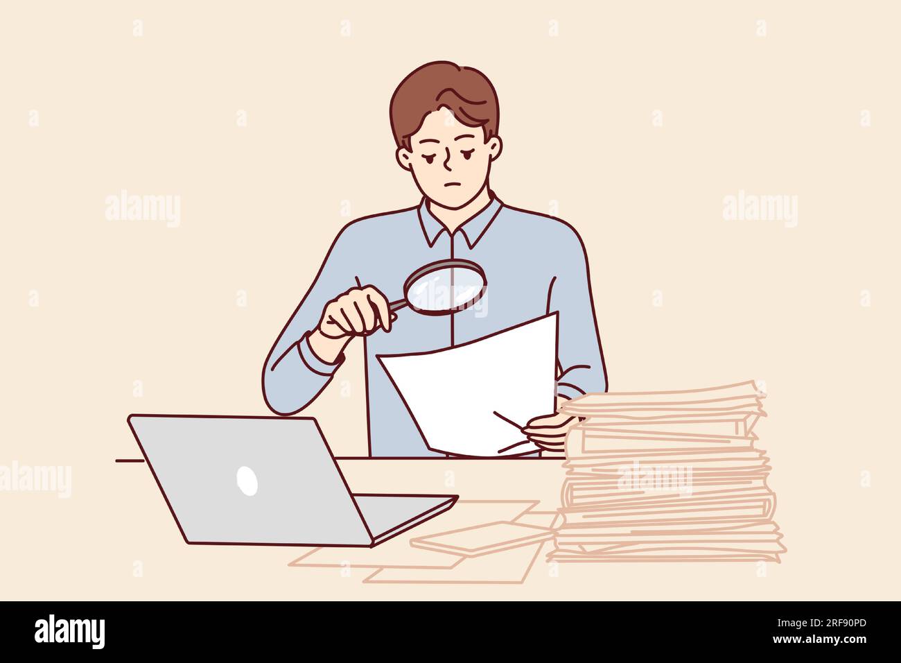 Man tax inspector is sitting in office doing paperwork using magnifying ...