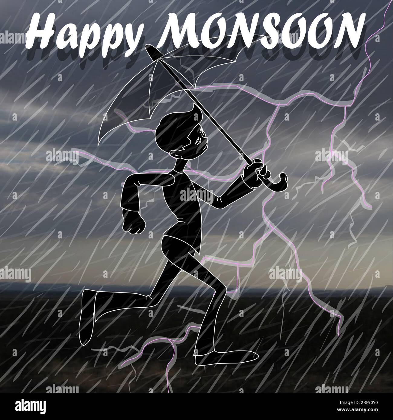 Happy Monsoon greeting card with a boy playing with an umbrella in the ...