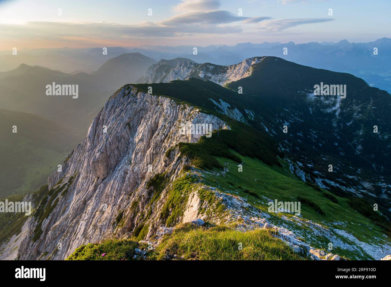 national park Kalkalpen: view from summit Hoher Nock (with summit cross ...