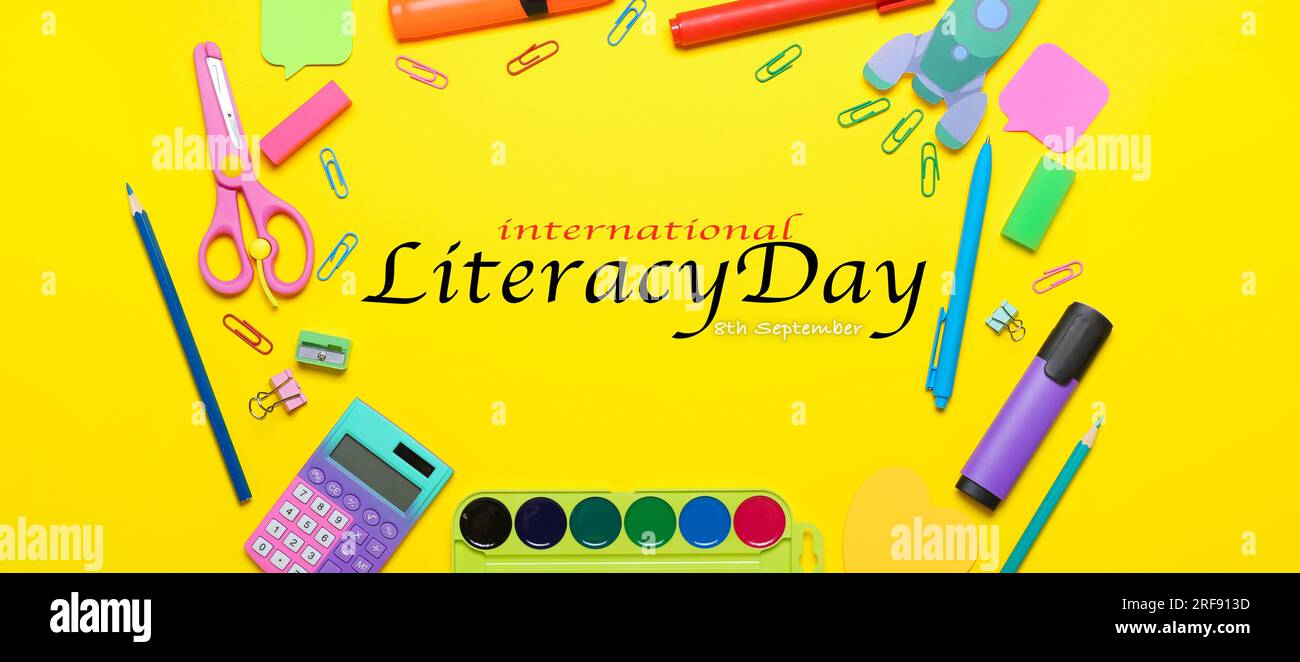 Banner for International Literacy Day with school stationery Stock ...