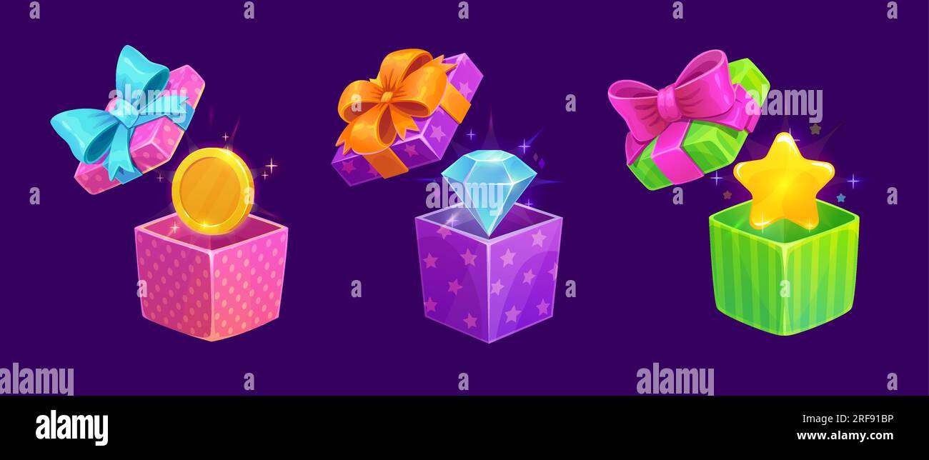 Game gift boxes. Cartoon bonus, present and reward prize icon. Vector ...