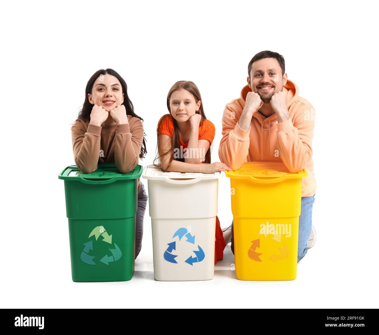 Family with recycle bins on white background Stock Photo - Alamy