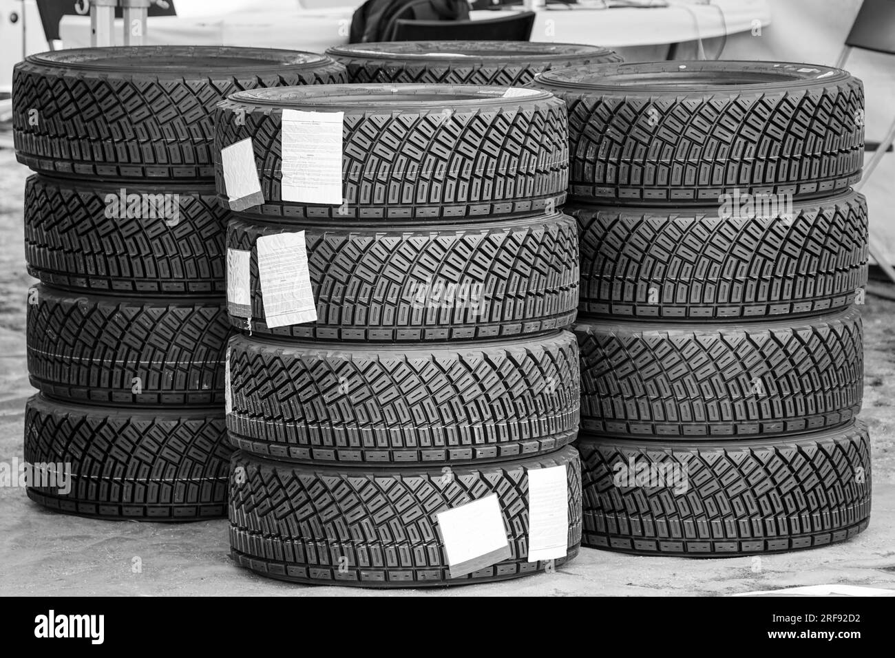 Sets of new high performance gravel rally tires, closeup of modern ...