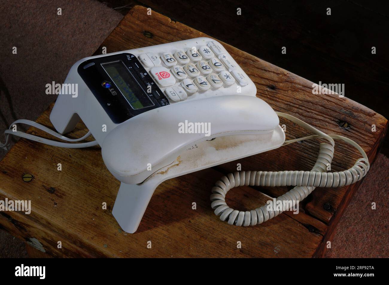 Old fashioned white corded telephone with large numbers Stock Photo - Alamy