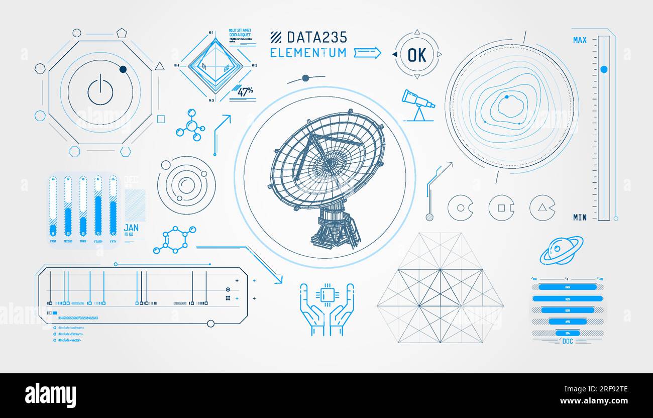 Set of infographic elements about radio astronomy and space observation ...