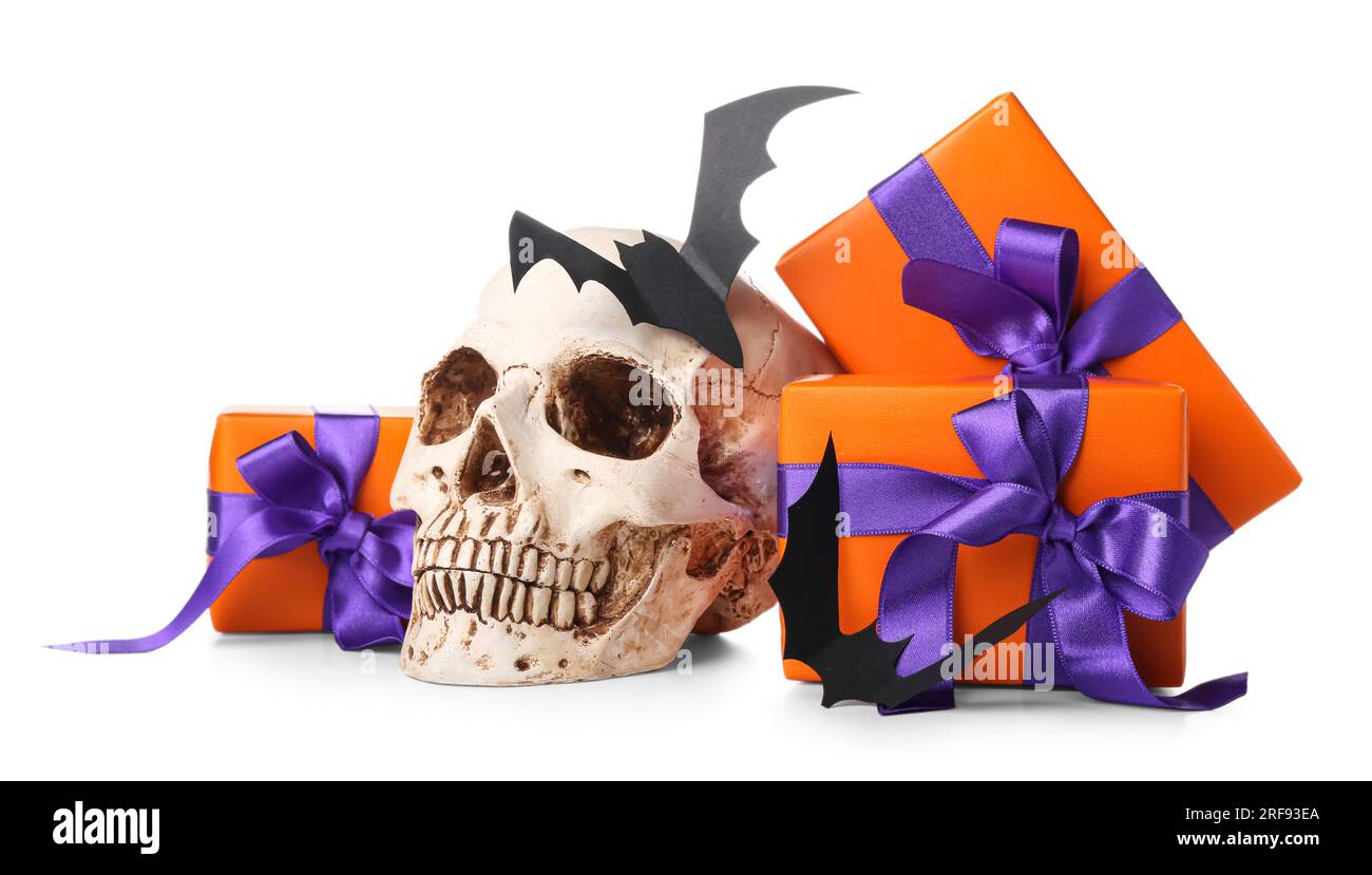 Composition with skull, bats and gift boxes for Halloween on white ...