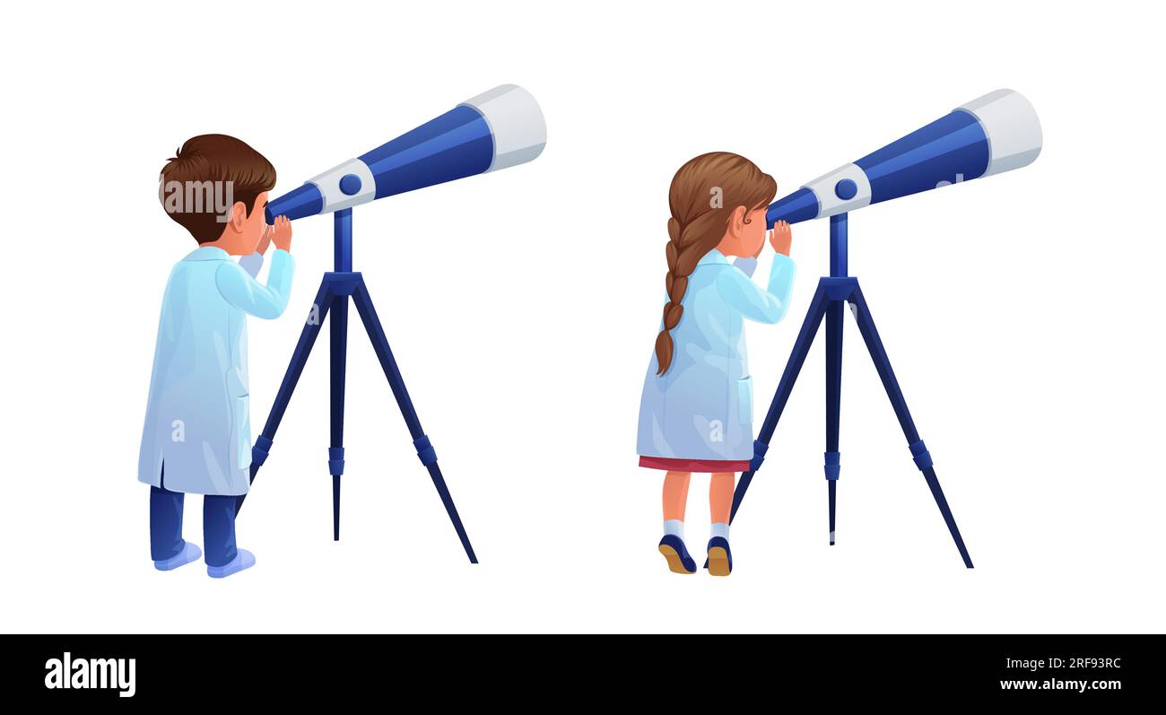 Cartoon boy and girl kids look through a telescope. Vector curious children wear lab coats ...