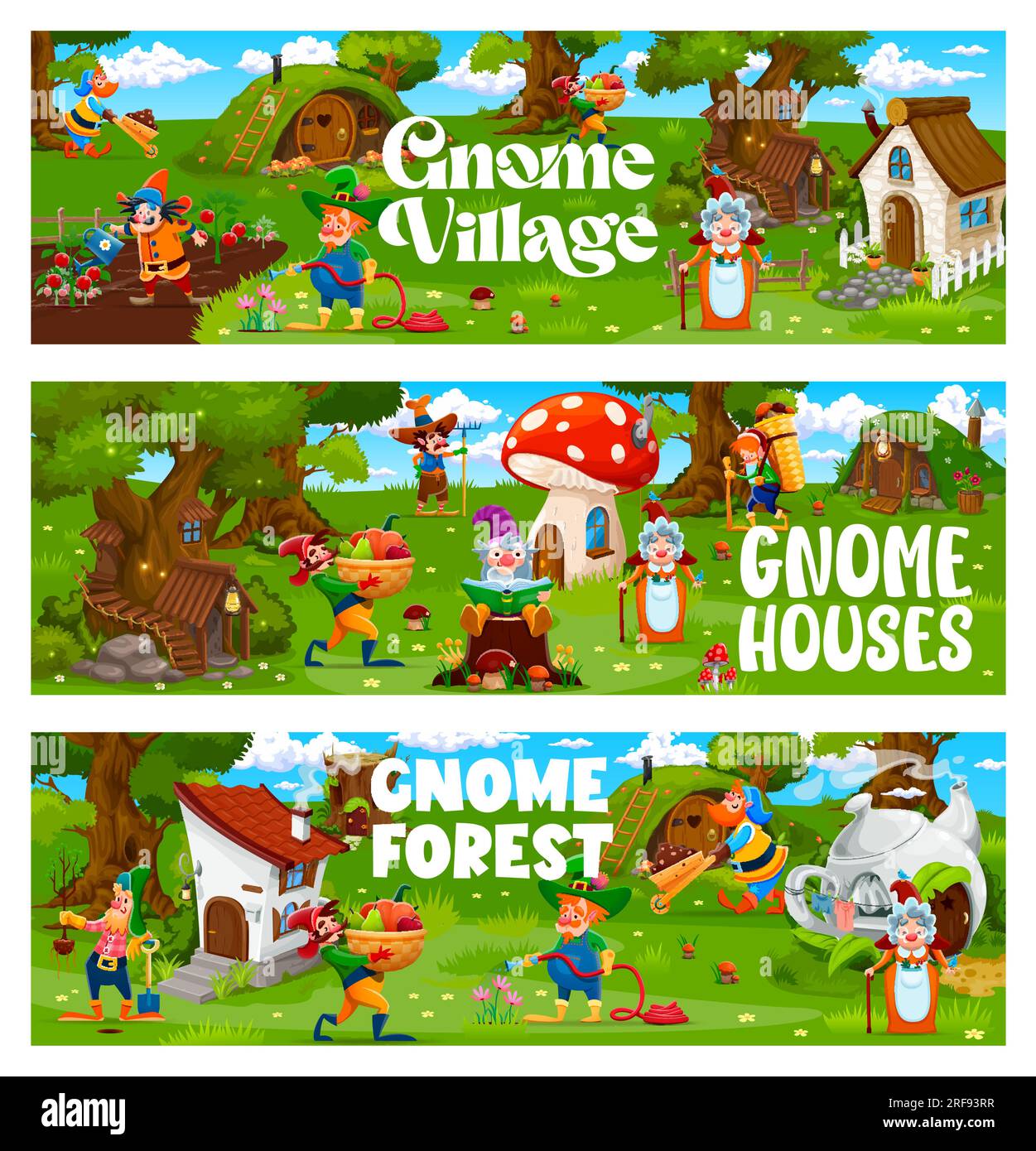 Cartoon gnome and elf characters at fairytale village. Vector ...