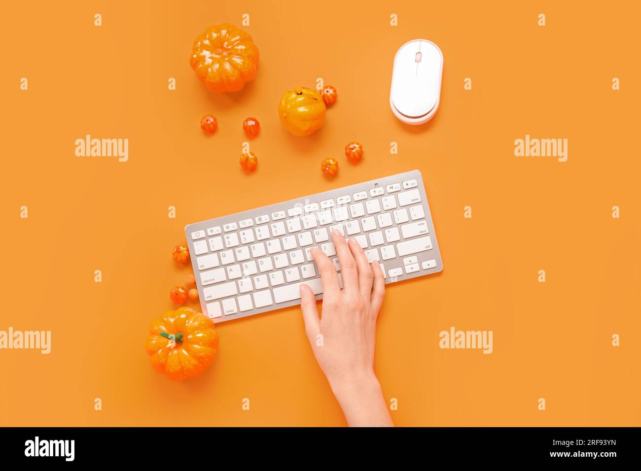 Female hand with modern computer keyboard, mouse and pumpkins for ...