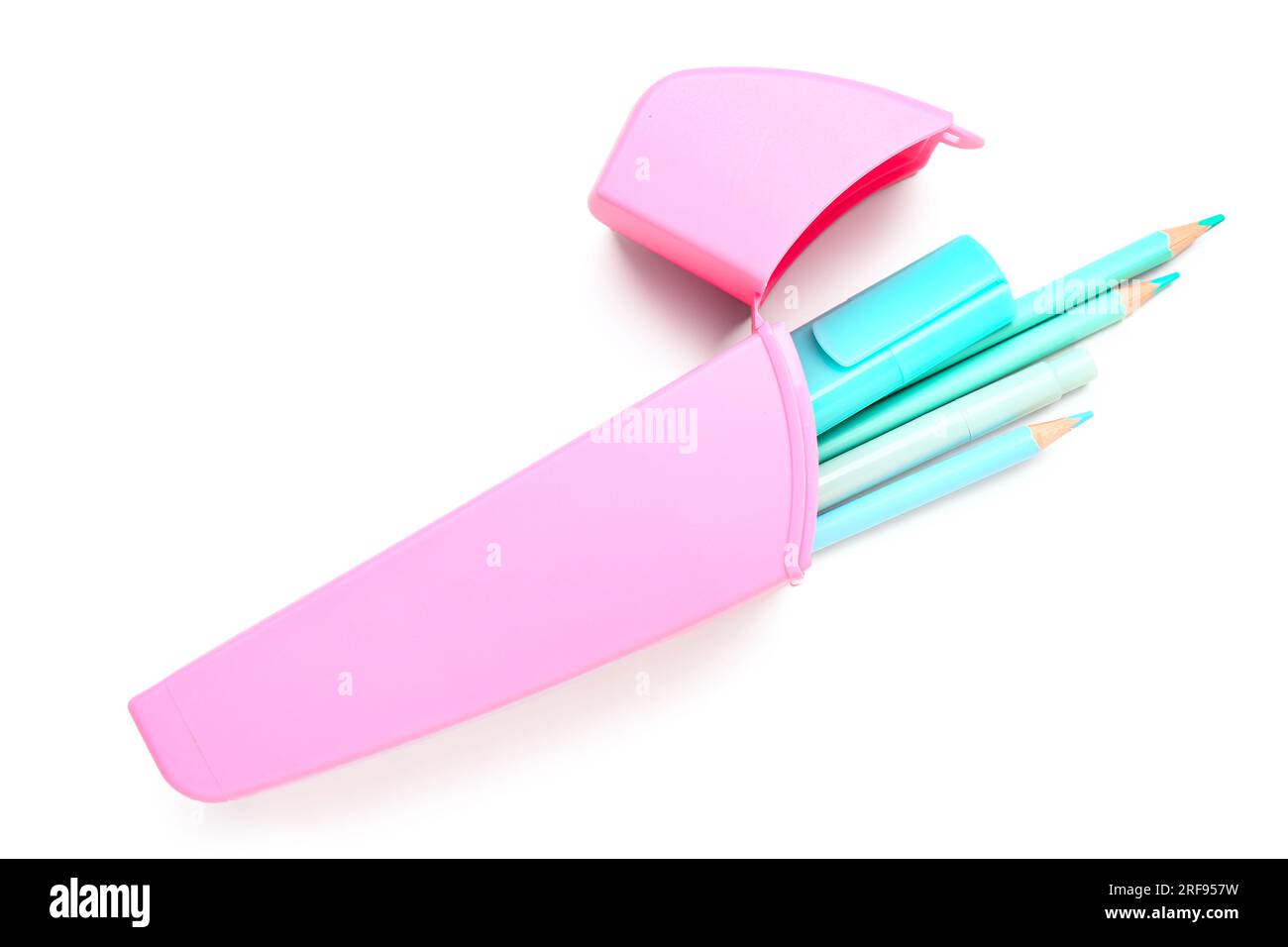 Pink pencil case with different stationery on white background Stock ...