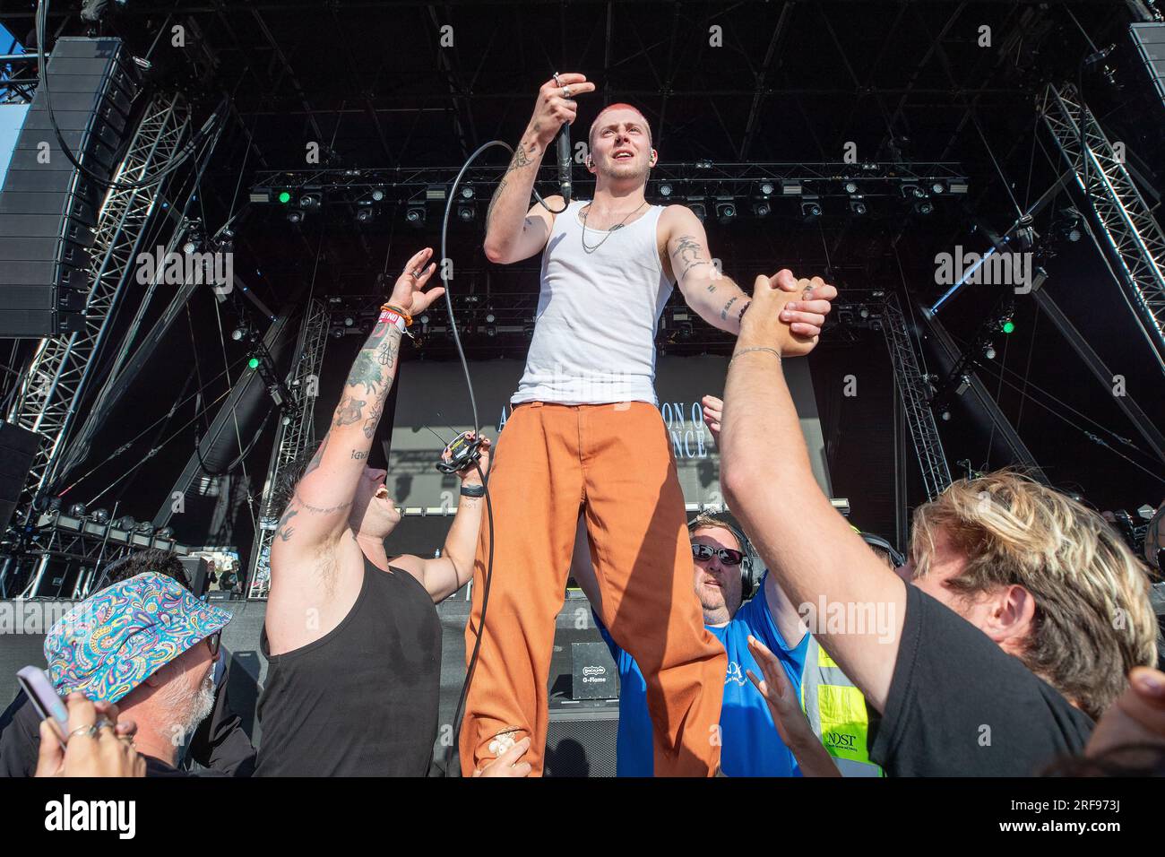 Brighton, UK. Saturday 29 July 2023. Sam Matlock of Wargasm Supporting ...