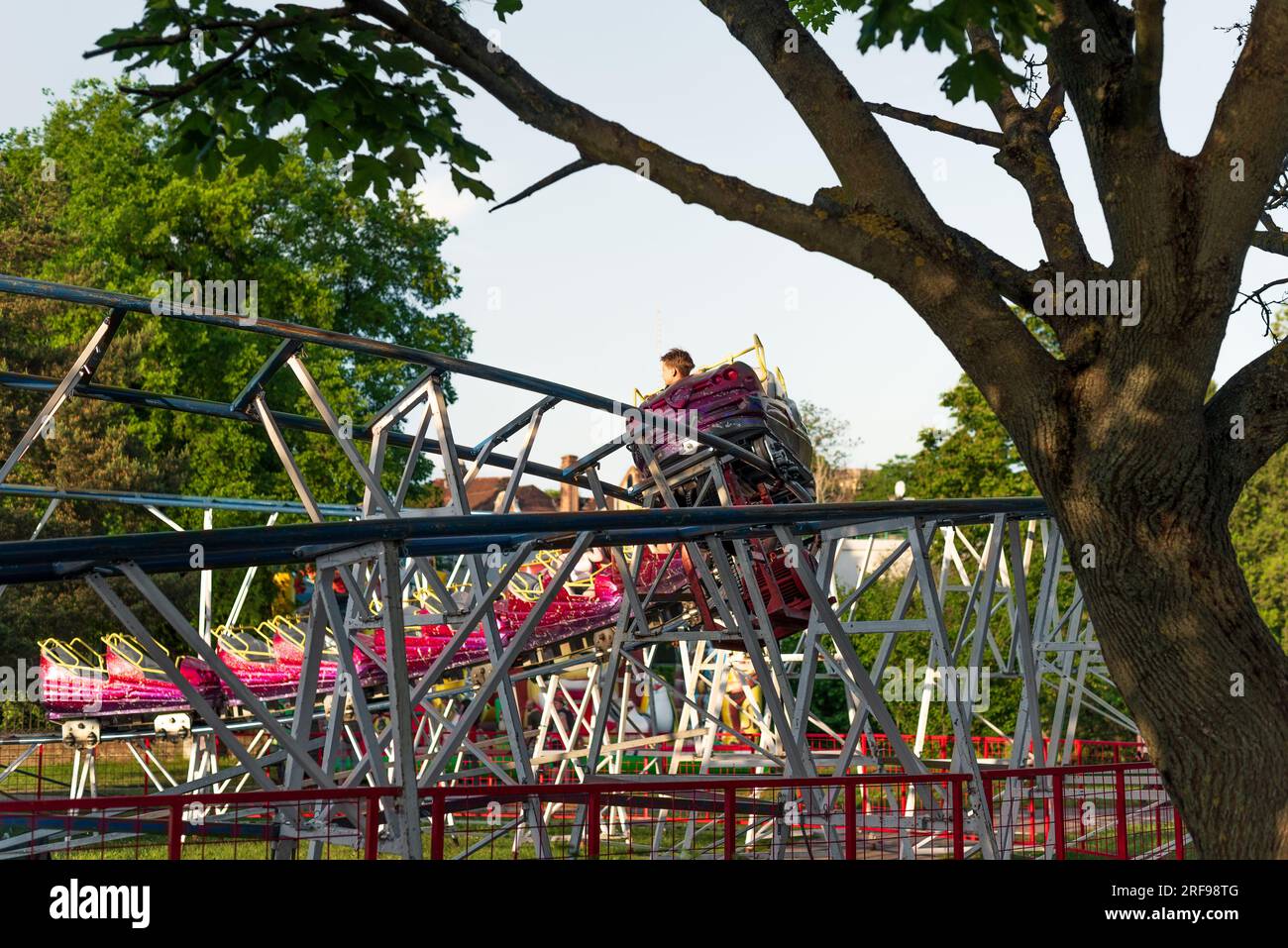 Colorful Roller coasters in amusement park at sunset Stock Photo - Alamy